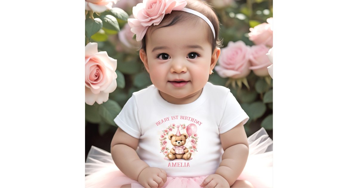Beary 1st Birthday Bear Girl Pink Baby T-shirt | Zazzle