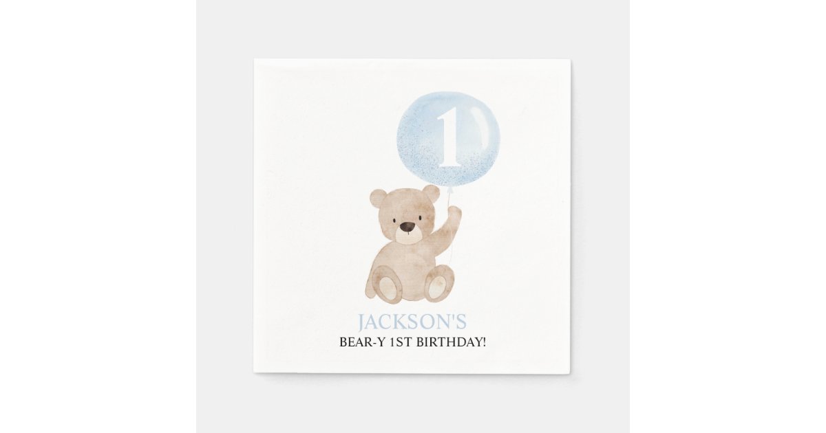 Beary 1st Birthday Boys Blue Balloon Napkins | Zazzle