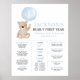 Beary 1st Birthday Milestone Blue Boy Bear Poster | Zazzle