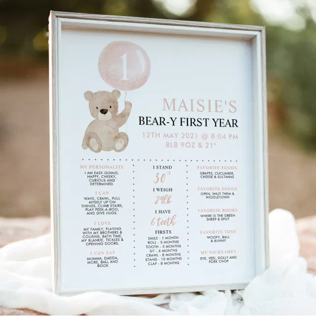 Beary 1st Birthday Milestone Pink Girl Bear Sign | Zazzle