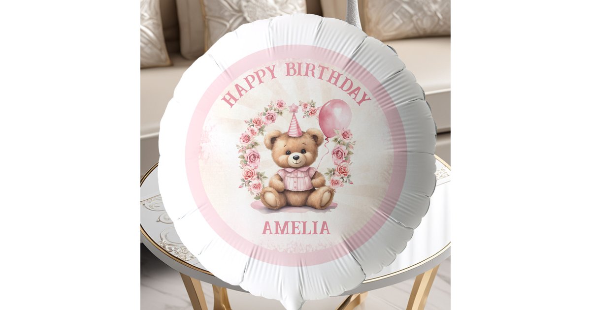 Beary 1st Birthday Pink Roses Name Balloon | Zazzle