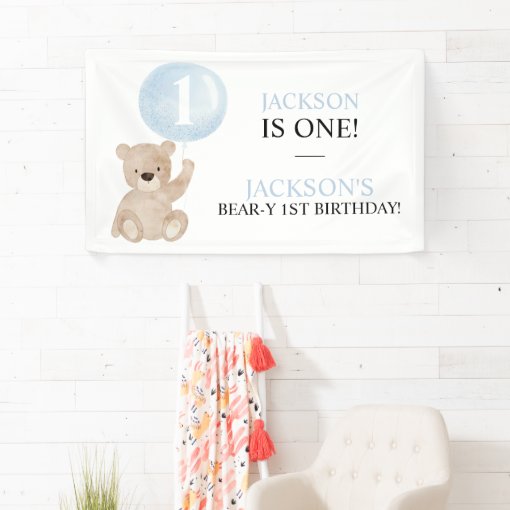 Beary First Birthday Bear Banner Backdrop | Zazzle