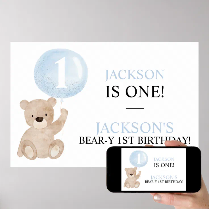 Beary First Birthday Bear Banner Backdrop Poster | Zazzle