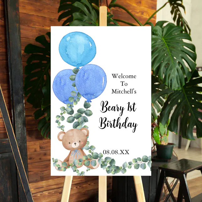 Beary First Birthday Blue Balloon Welcome Sign | Zazzle