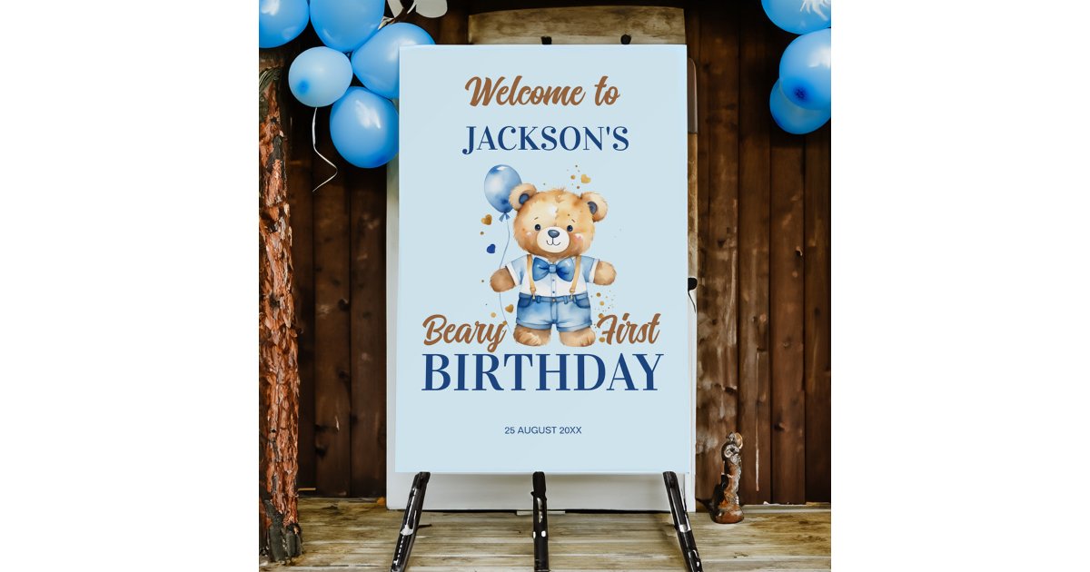 Beary first birthday cute teddy bear welcome sign | Zazzle