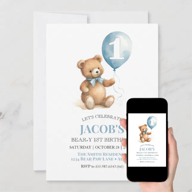 Beary First Birthday Teddy Bear Boy Invitation | Zazzle