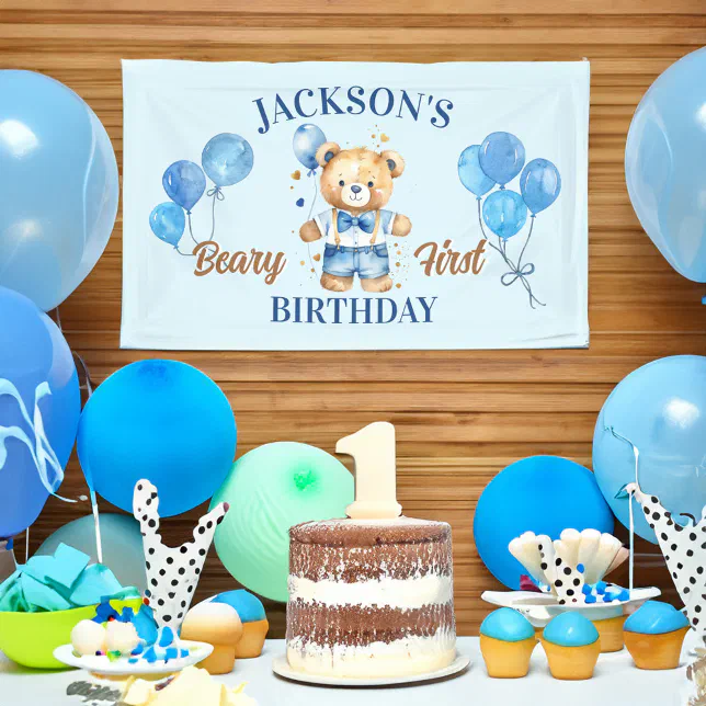 Beary first happy birthday cute teddy blue balloon banner | Zazzle