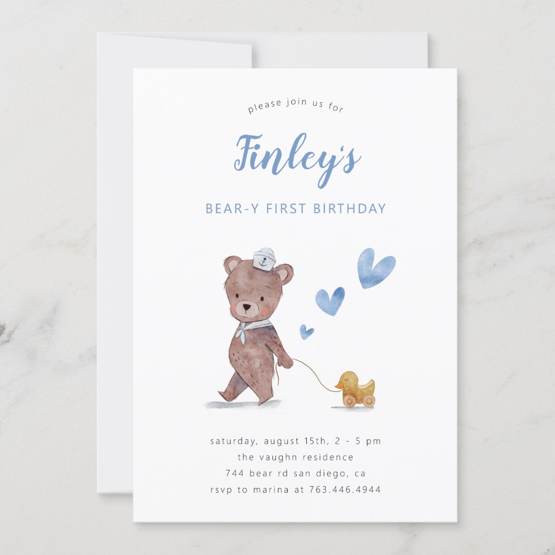 Beary First Teddy Bear Boy Birthday Part Invitation | Zazzle