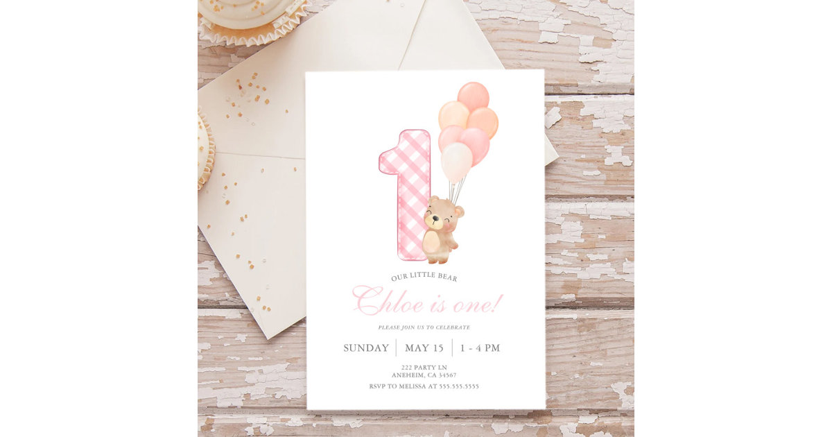 Beary First Teddy Bear Girl Birthday Party Invitation | Zazzle