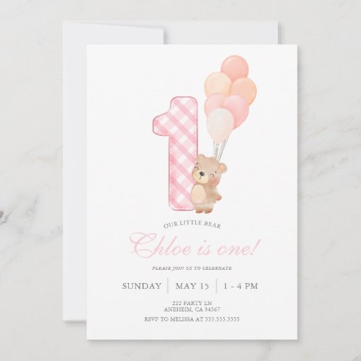 Beary First Teddy Bear Girl Birthday Party Invitation | Zazzle