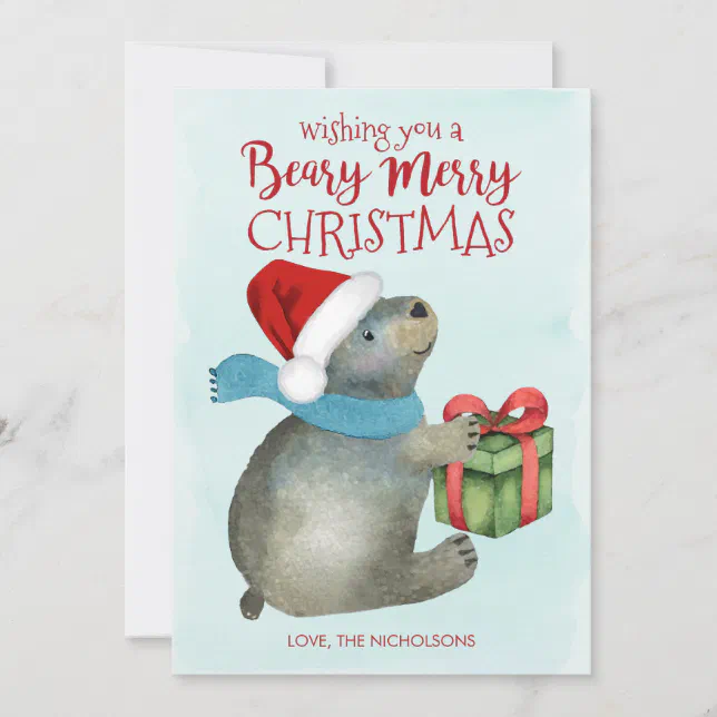 Beary Merry Christmas Cute Bear Santa Hat Holiday Card | Zazzle