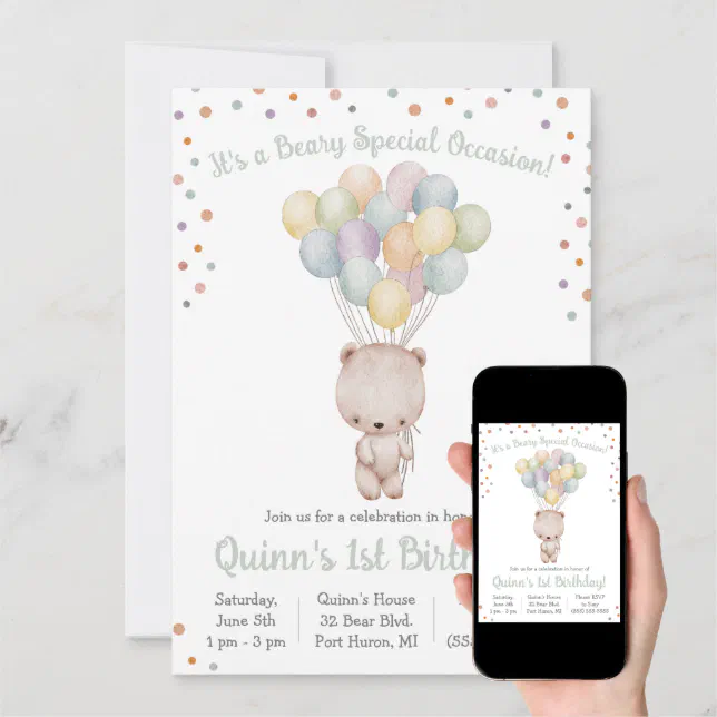 Beary Special Bear with Balloons Birthday Party Invitation | Zazzle