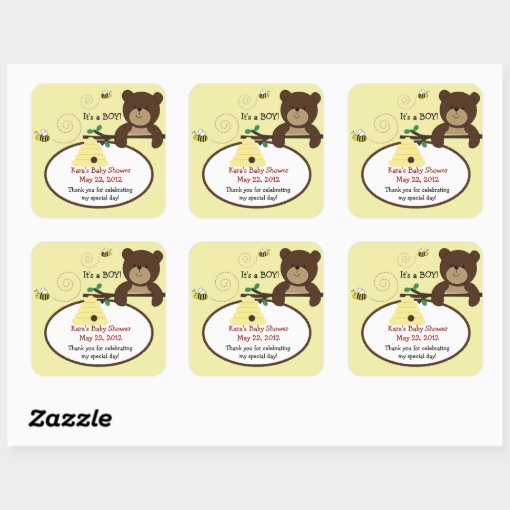Beary Sweet Bear & Bee SQUARE Favor Sticker | Zazzle
