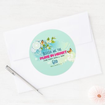 Beatitude Quote with Butterflies and Blossoms Classic Round Sticker ...