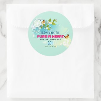 Beatitude Quote with Butterflies and Blossoms Classic Round Sticker ...