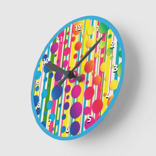 [Beatnik Bubbles] Retro Polka Dot Striped Blue Round Clock | Zazzle