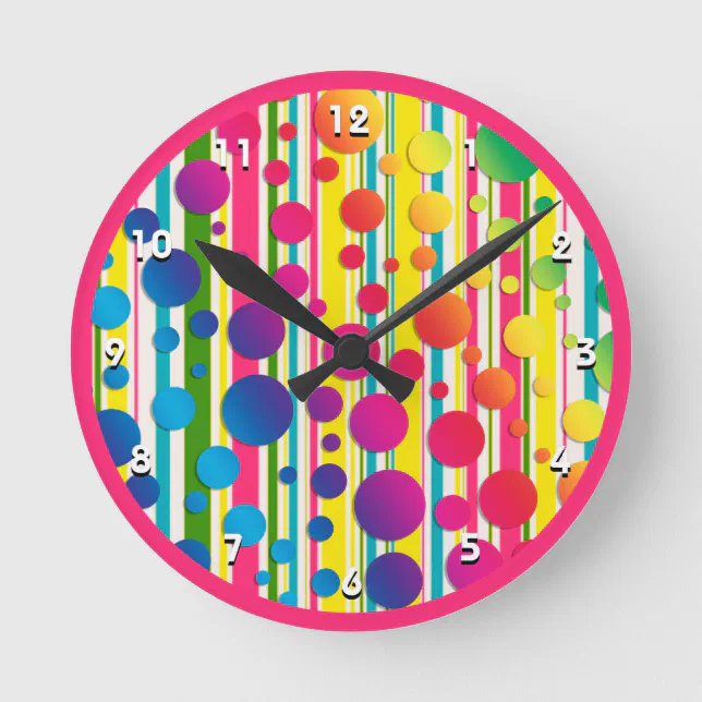 [Beatnik Bubbles] Retro Polka Dot Striped Pink Round Clock | Zazzle