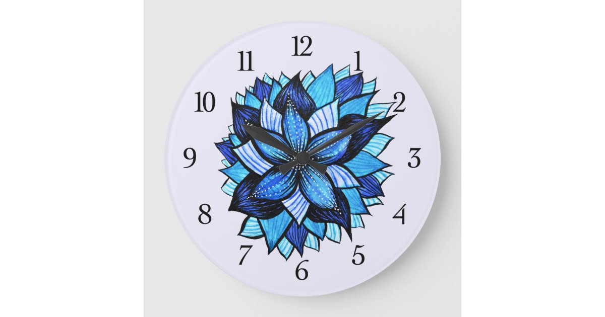 Beautiful Abstract Blue Flower Ink Drawing Large Clock | Zazzle