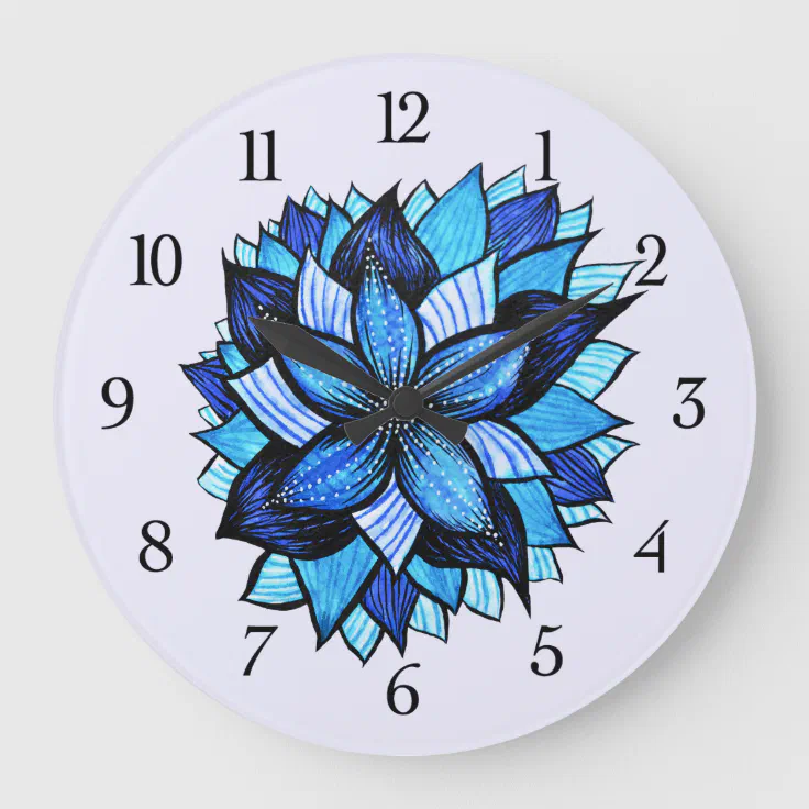 Beautiful Abstract Blue Flower Ink Drawing Large Clock | Zazzle