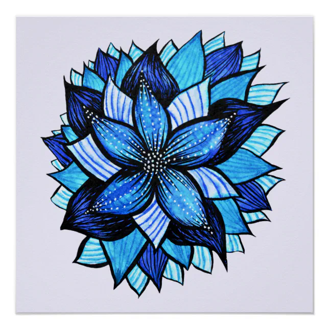 Beautiful Abstract Blue Flower Ink Drawing Poster | Zazzle
