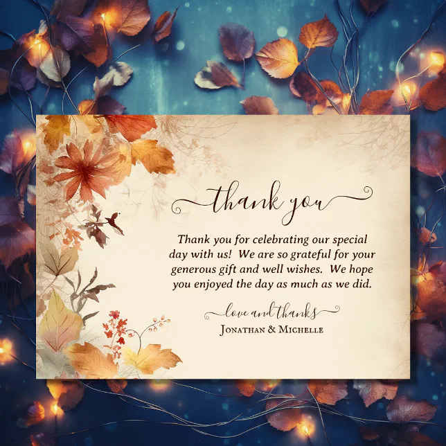 Beautiful Autumn Leaf Flower Fall Wedding Thank You Card | Zazzle