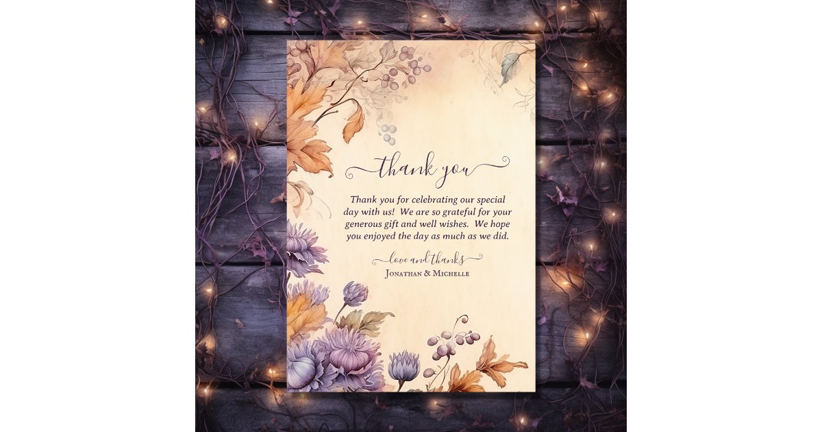 Beautiful Autumn Leaf, Flower Vintage Fall Wedding Thank You Card | Zazzle