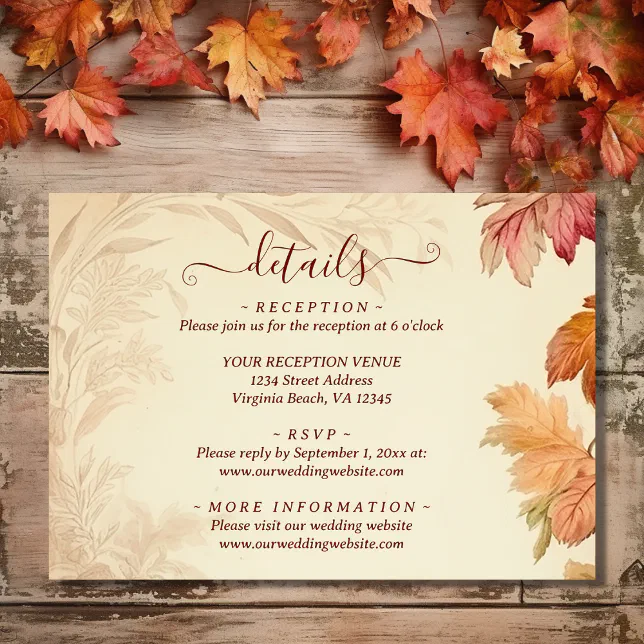 Beautiful Autumn Leaves Fall Wedding Details Enclosure Card | Zazzle