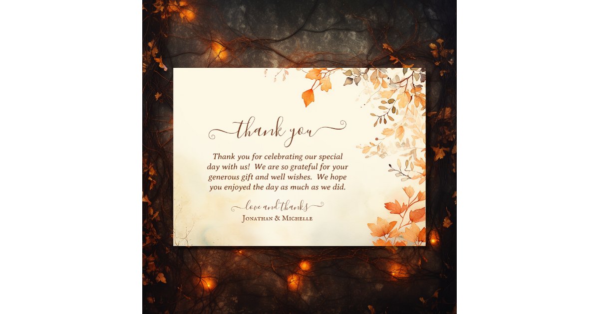 Beautiful Autumn Leaves Fall Wedding Thank You Card | Zazzle
