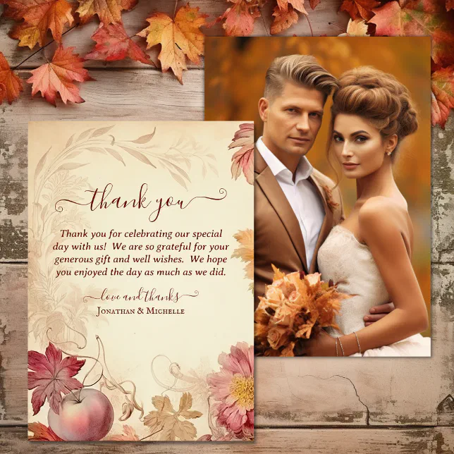 Beautiful Autumn Vintage Fall Wedding Photo Thank You Card | Zazzle