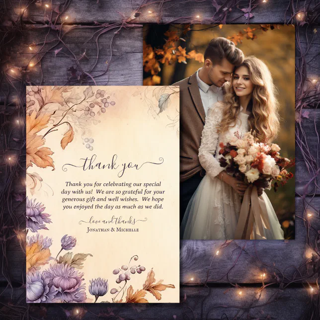 Beautiful Autumn Vintage Floral Fall Wedding Photo Thank You Card | Zazzle