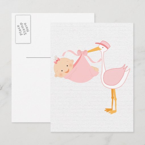 Beautiful Baby Pink Stork, It’s a Girl! Announcement Postcard | Zazzle