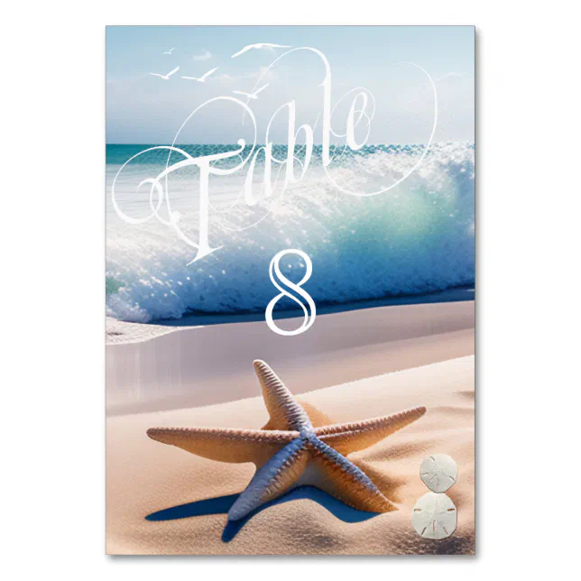 Beautiful Beach Turquoise Waves Seagulls Starfish Table Number | Zazzle