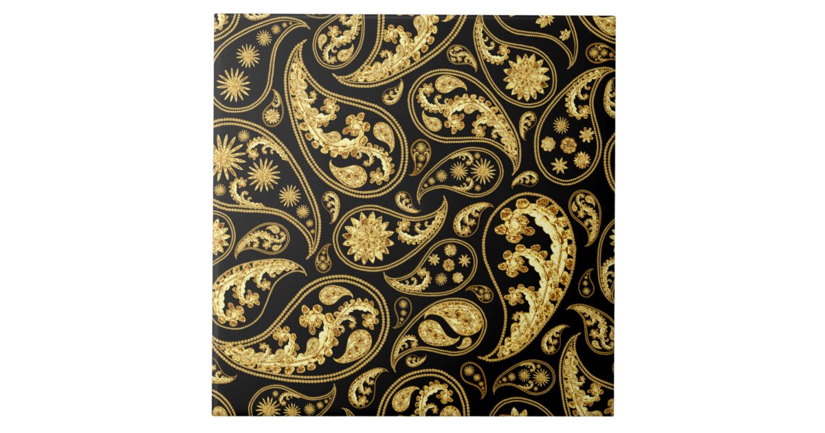 Beautiful Black and Gold Paisley Pattern Ceramic Tile | Zazzle