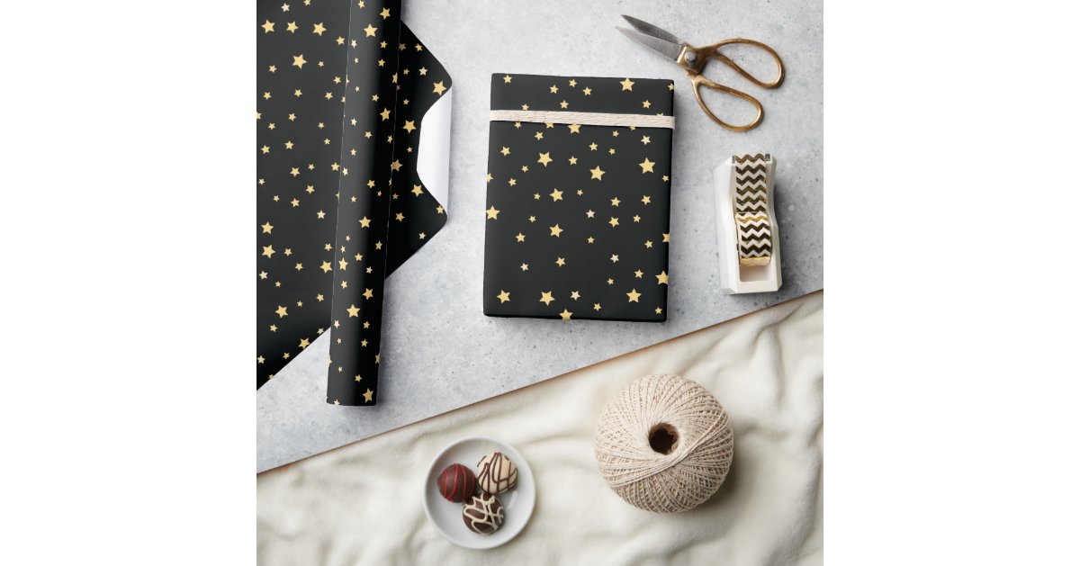 Beautiful Black and Gold Starry Sky Star Pattern Wrapping Paper | Zazzle