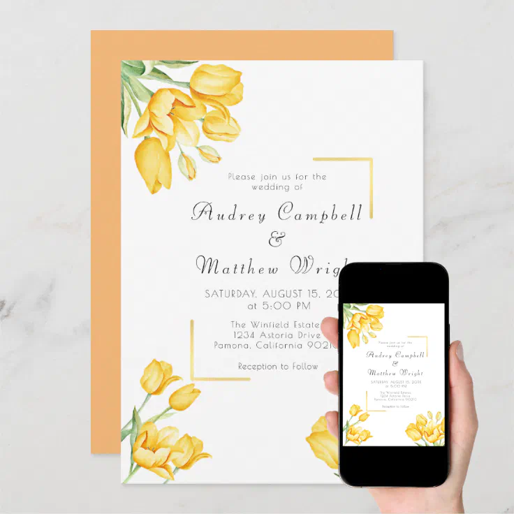 Beautiful Blooming Yellow Tulip Wedding Invitation | Zazzle