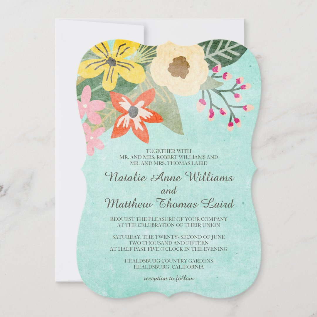 Beautiful Blooms Watercolor Floral Wedding / Aqua Invitation | Zazzle
