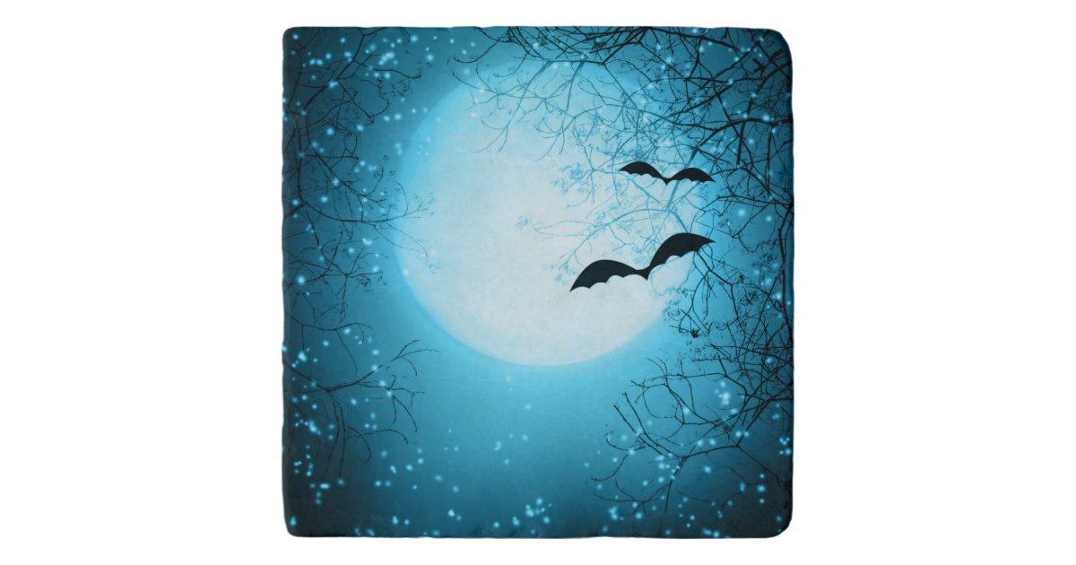 Beautiful blue aesthetic Halloween night Moon bats Trivet | Zazzle
