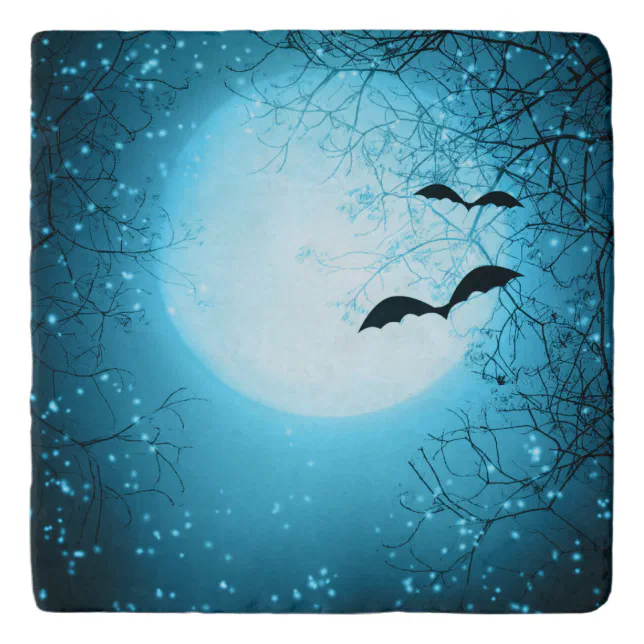Beautiful blue aesthetic Halloween night Moon bats Trivet | Zazzle