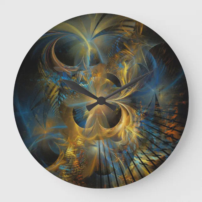 Beautiful Blue And Gold Fractal Large Clock | Zazzle