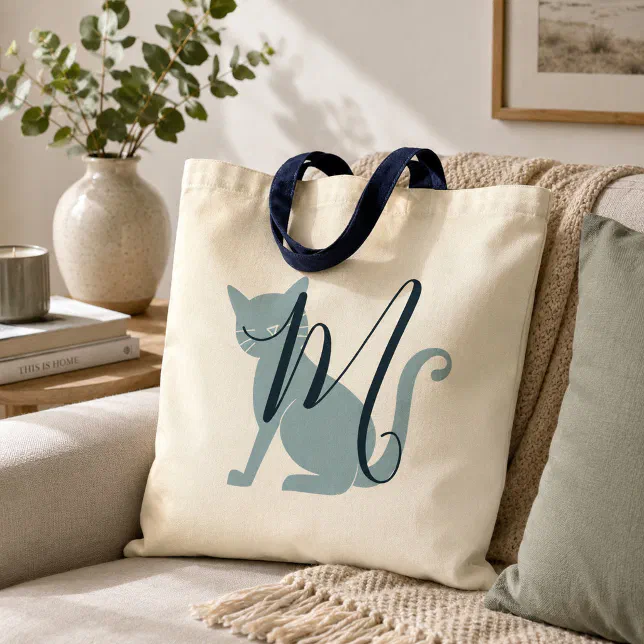 Beautiful Blue Cat Monogram Tote Bag | Zazzle