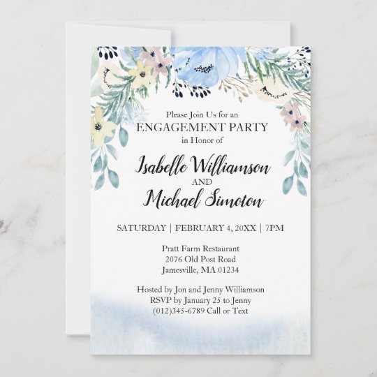 Beautiful Blue Floral Engagement Party Invitations | Zazzle.com