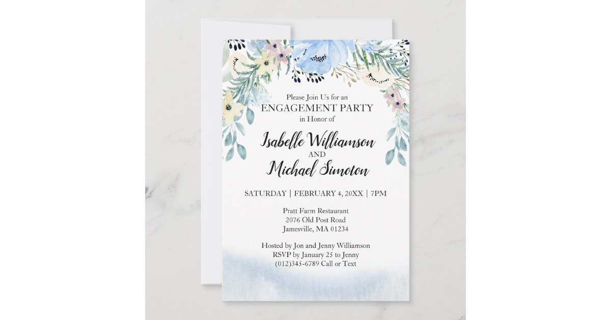 Beautiful Blue Floral Engagement Party Invitations | Zazzle