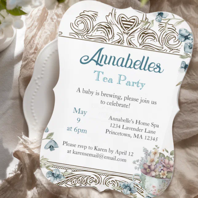 Beautiful Blue Floral Tea Party Baby Shower Invitation | Zazzle