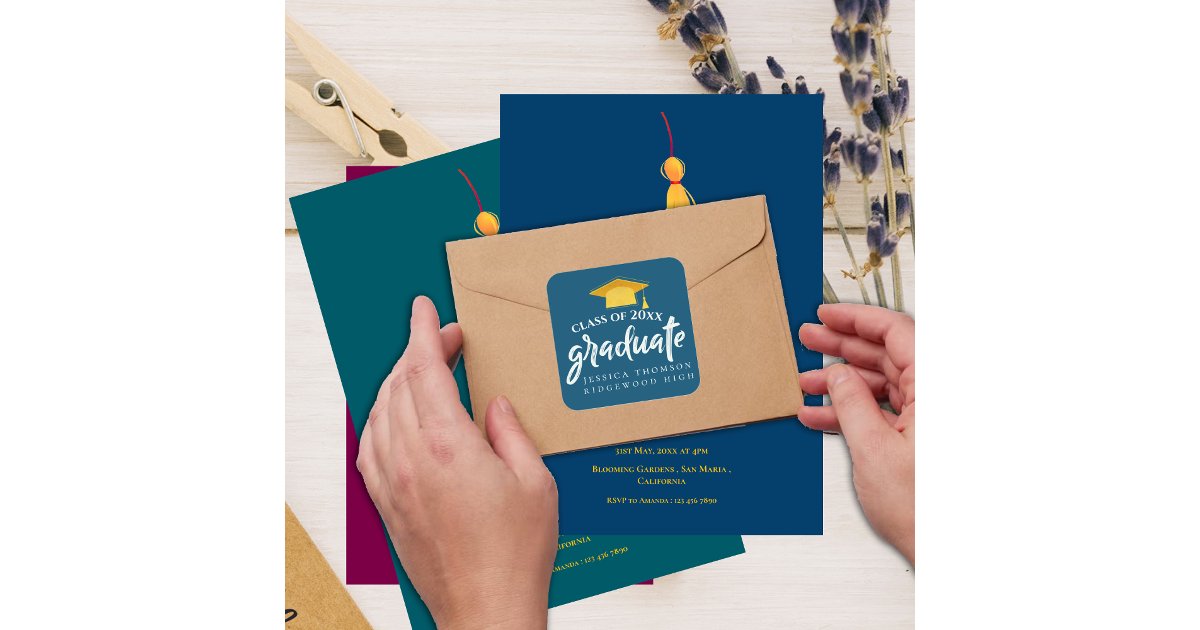 Beautiful Blue Gold Grad Hat 2025 Graduation Square Sticker | Zazzle