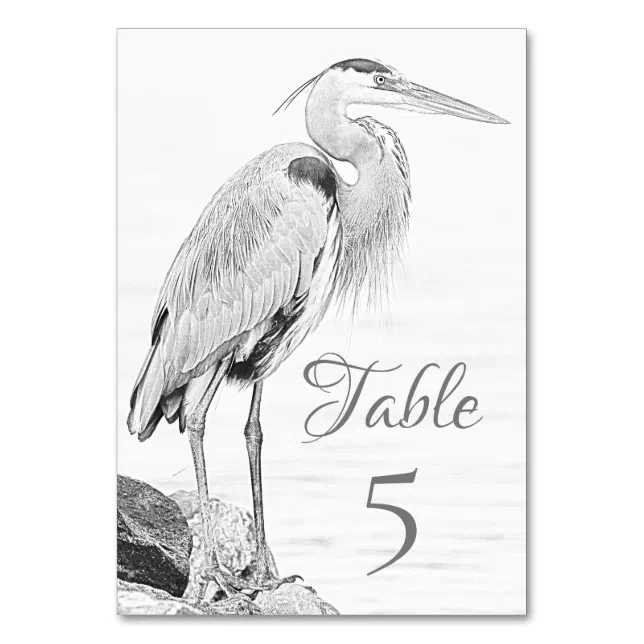 Beautiful Blue Heron Water Bird Sketch Wedding Table Number | Zazzle