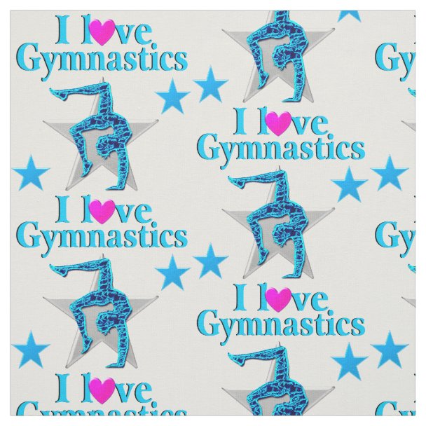 BRILLIANT BLUE I LOVE GYMNASTICS FABRIC | Zazzle