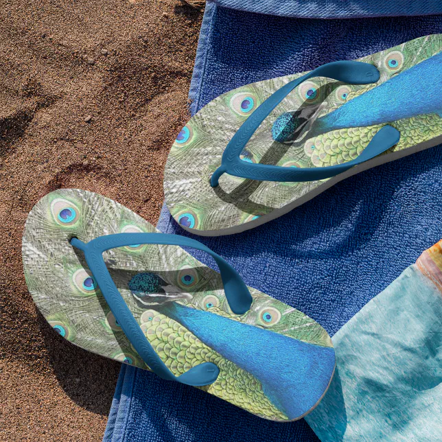 Beautiful Blue Peacock Feathers Flip Flops | Zazzle