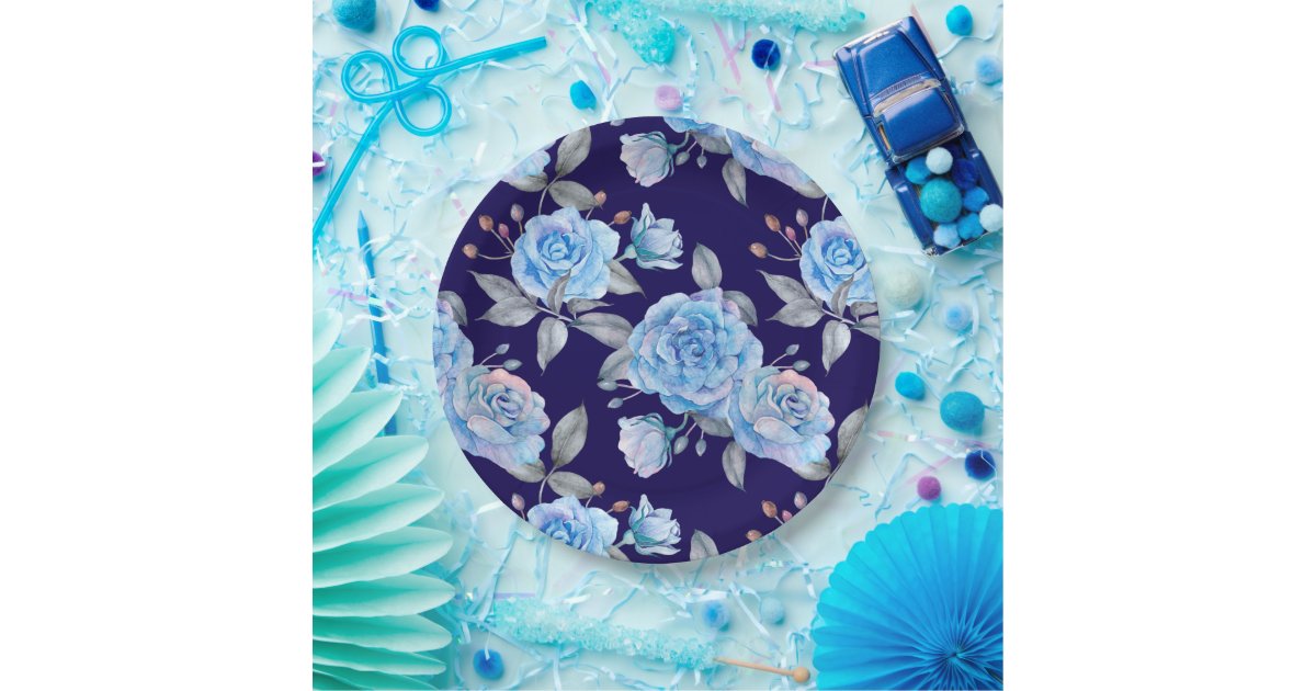Beautiful blue roses, navy blue background, paper plates | Zazzle