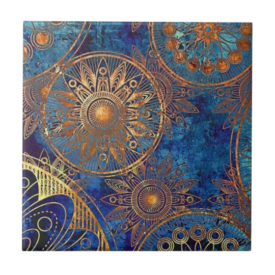 Beautiful Blue Tile with metallic gold geometric | Zazzle.com