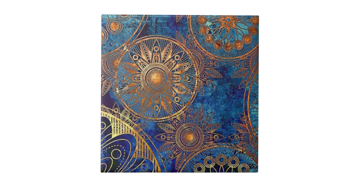 Beautiful Blue Tile with metallic gold geometric | Zazzle